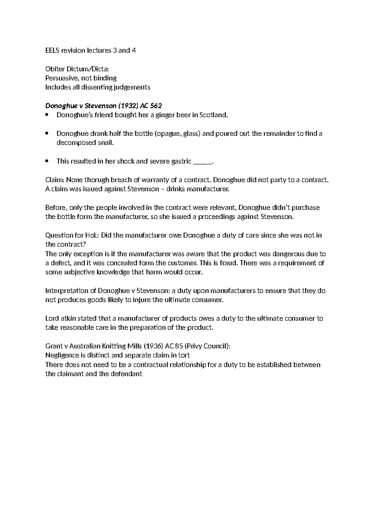 EELS Revision Lectures 3 & 4: Donoghue v Stevenson Analysis - Studocu