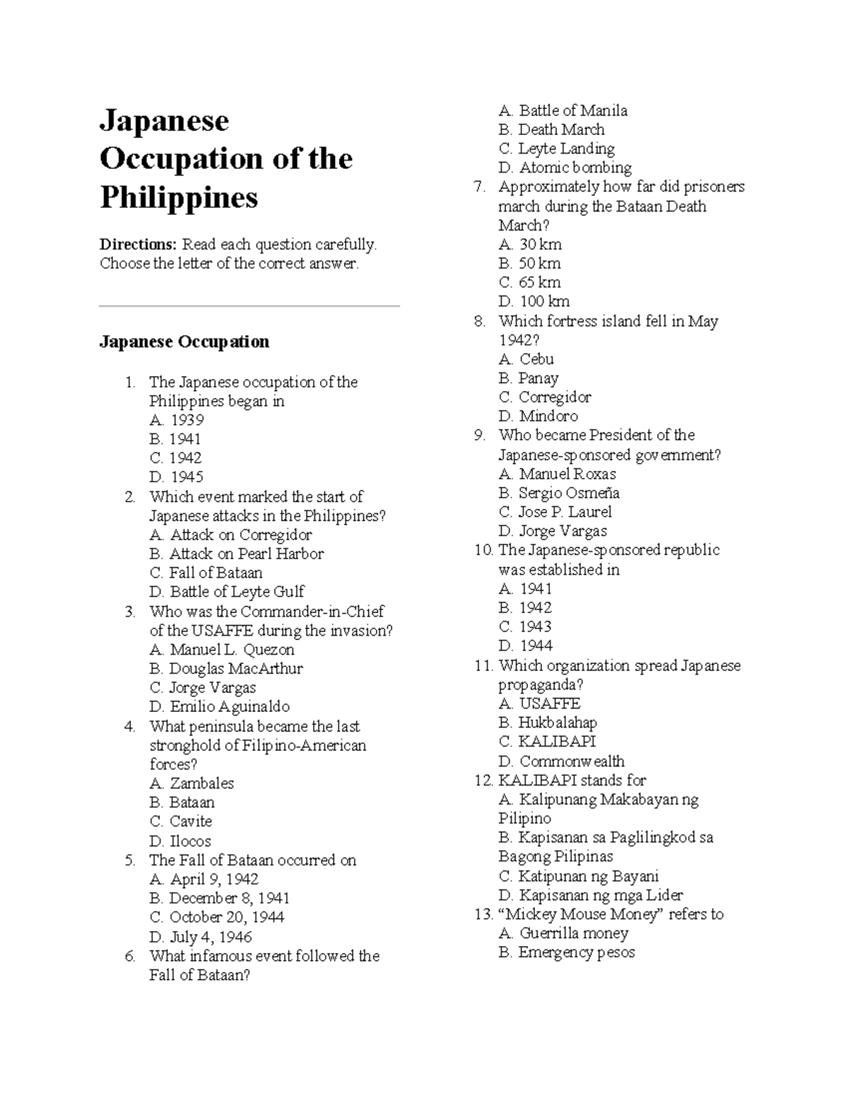 Japanese Occupation of the Philippines - Quiz Worksheet - Studocu
