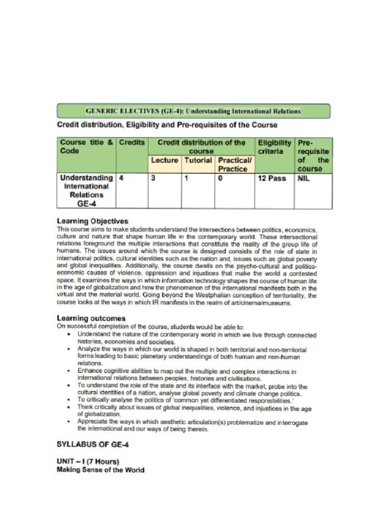 GEC 4: Understanding International Relations - Course Syllabus and ...