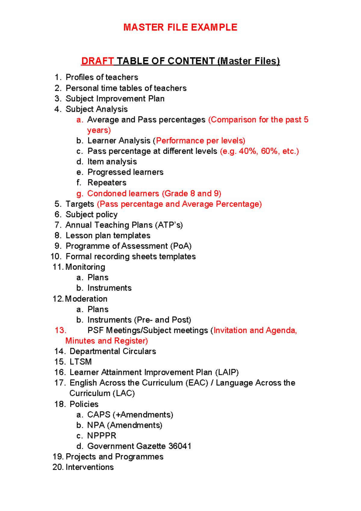 Draft Table of Contents for Master File - M Poonawassy - Studocu