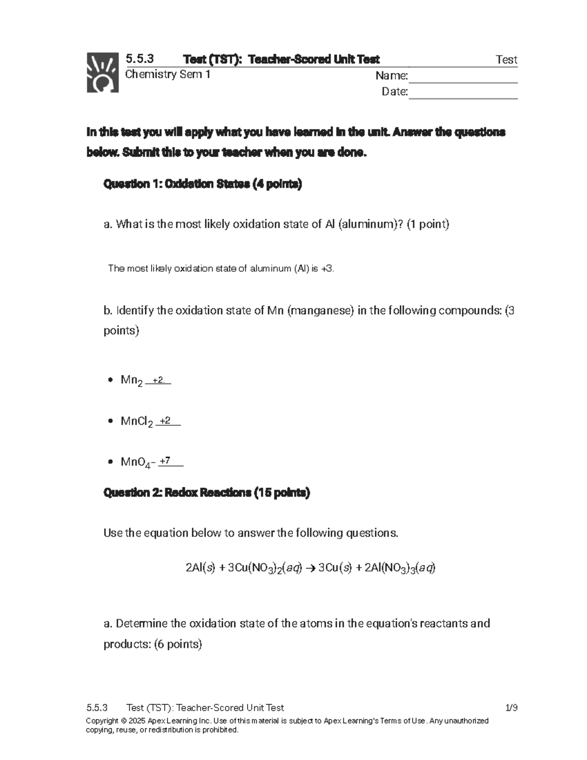 5.5.3 Test (TST): Chemistry Unit Test on Redox Reactions and Balancing ...