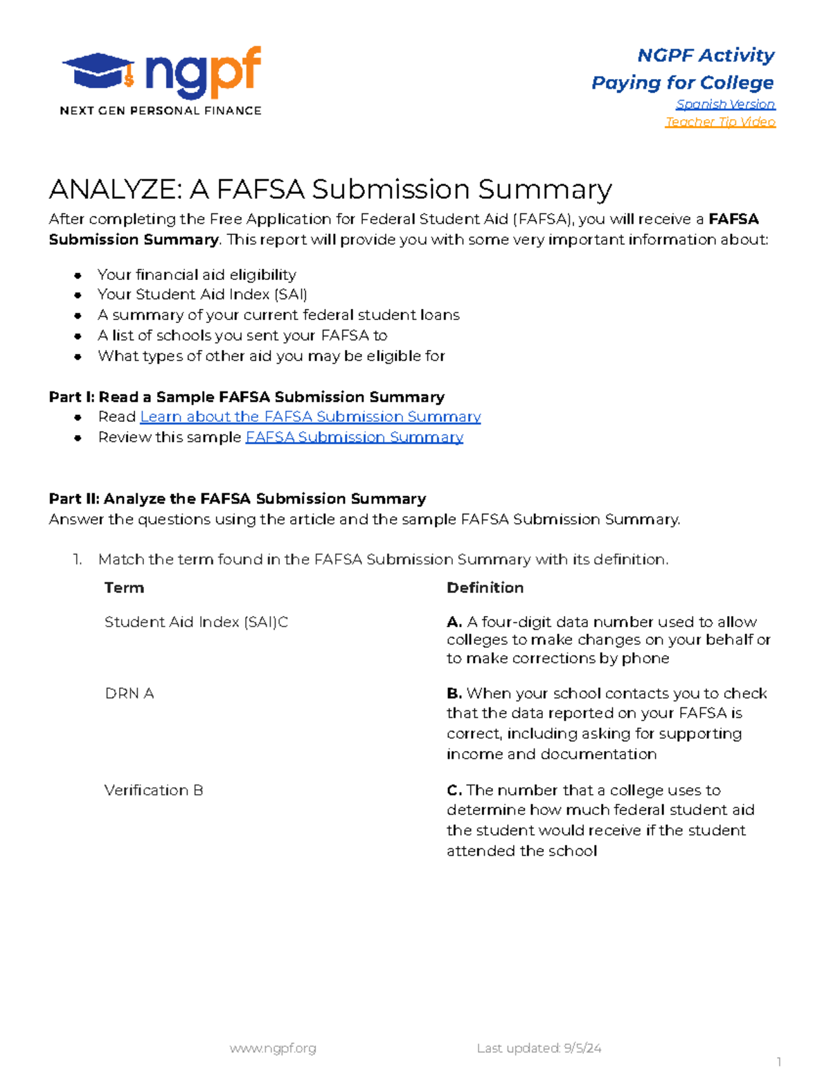 NGPF Activity: Analyzing FAFSA Submission Summary (Spanish Version ...