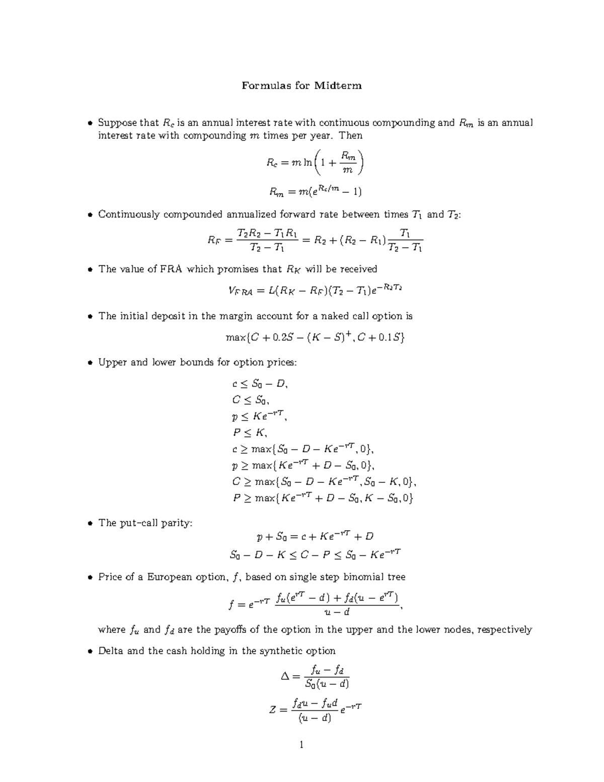 Midterm Exam Formulas for Financial Options and Interest Rates - Studocu