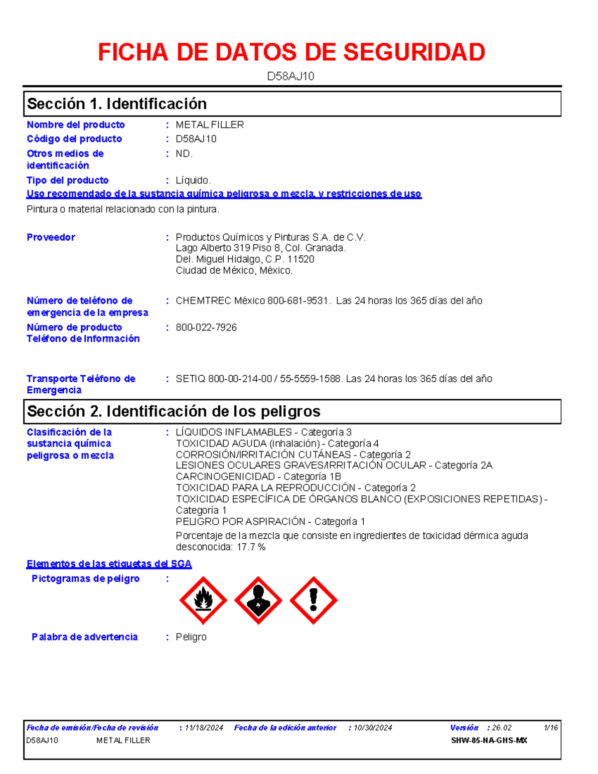 Ficha de Datos de Seguridad D58AJ10 - Metal Filler - Studocu