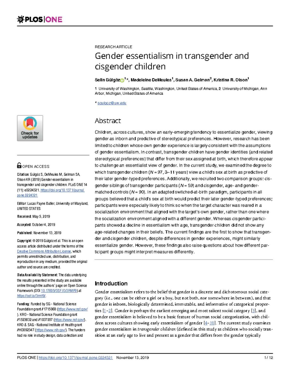 Gender Essentialism in Transgender vs. Cisgender Children: A Study (PLOS ONE) - Studocu