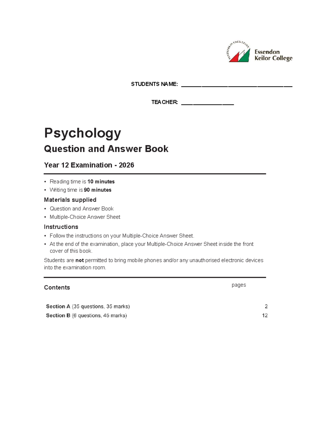 Year 12 Psychology EXAM 2026 - STUDENTS NAME ...