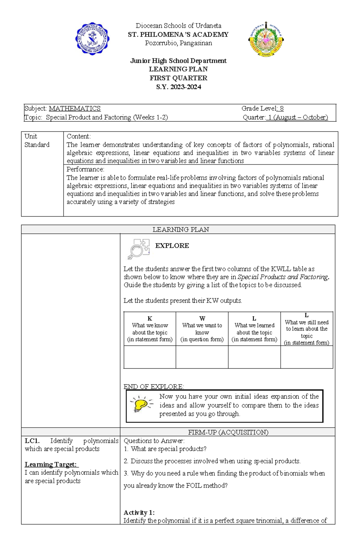 MATH 8 Learning Plan: Special Products, Factoring & Rational ...