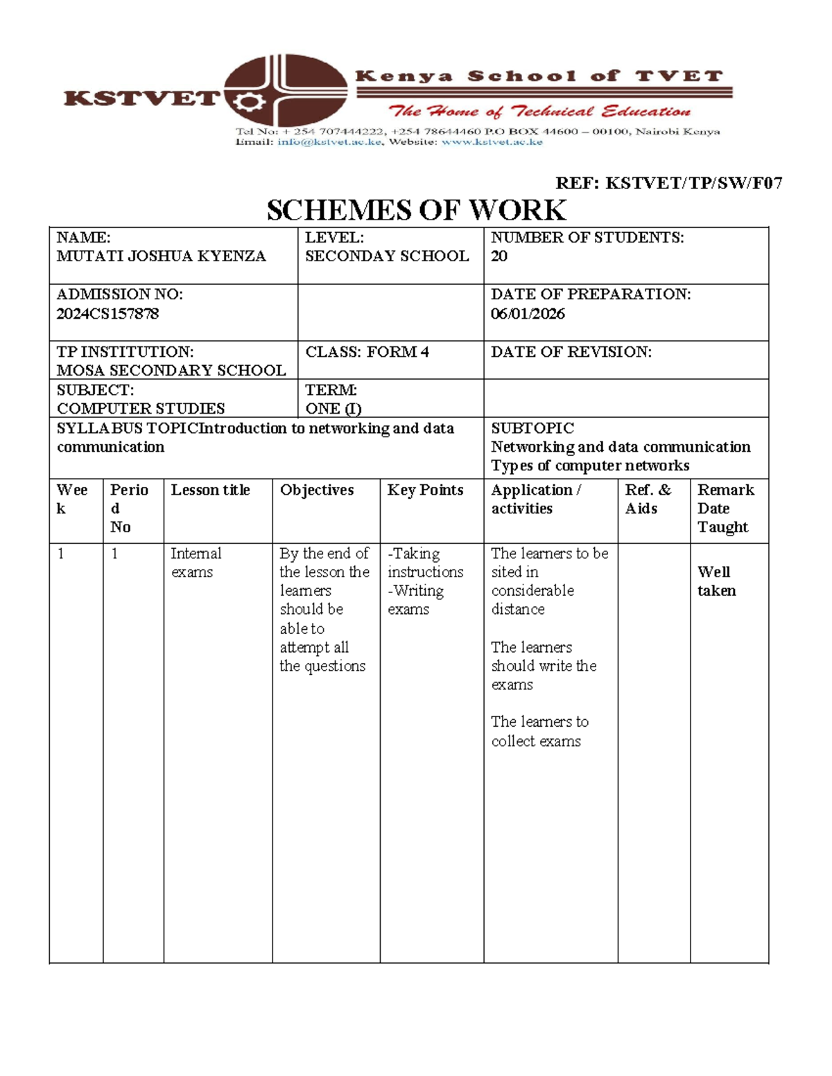 Schemes of Work: Computer Studies Term 1 - Form 4 - Studocu