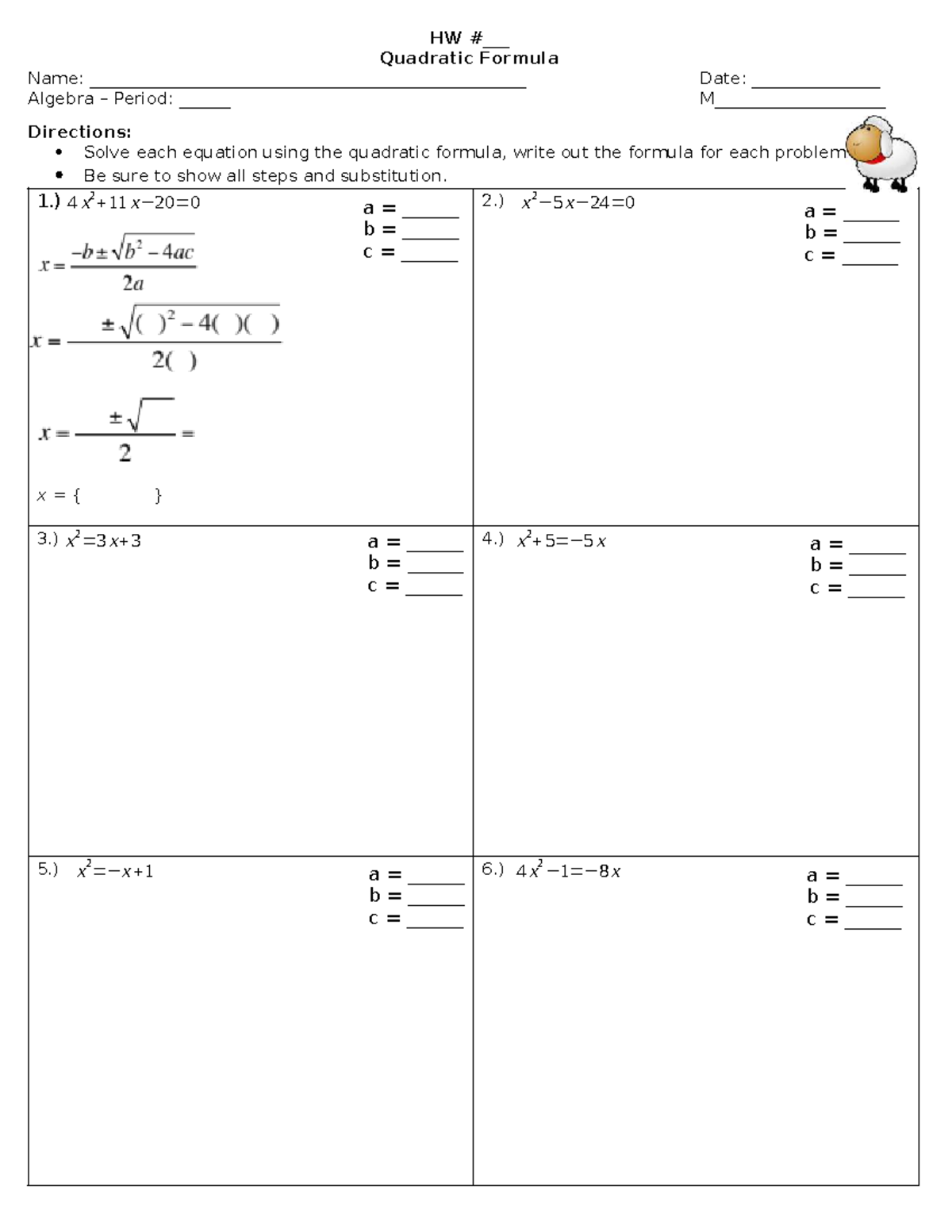 HW: Quadratic Formula Worksheet (Algebra) - Studocu