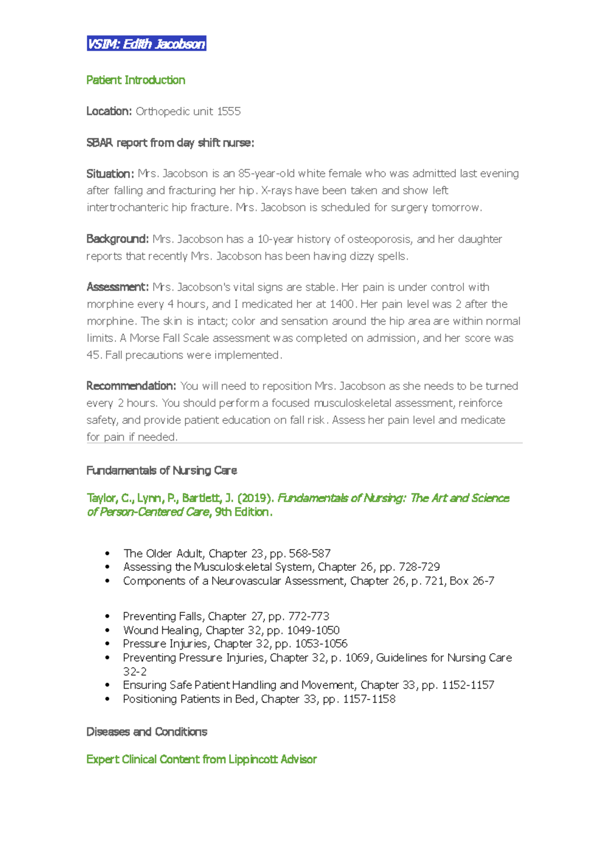 Vsims Case Study: Patient Assessment & Care for Edith Jacobson - Studocu