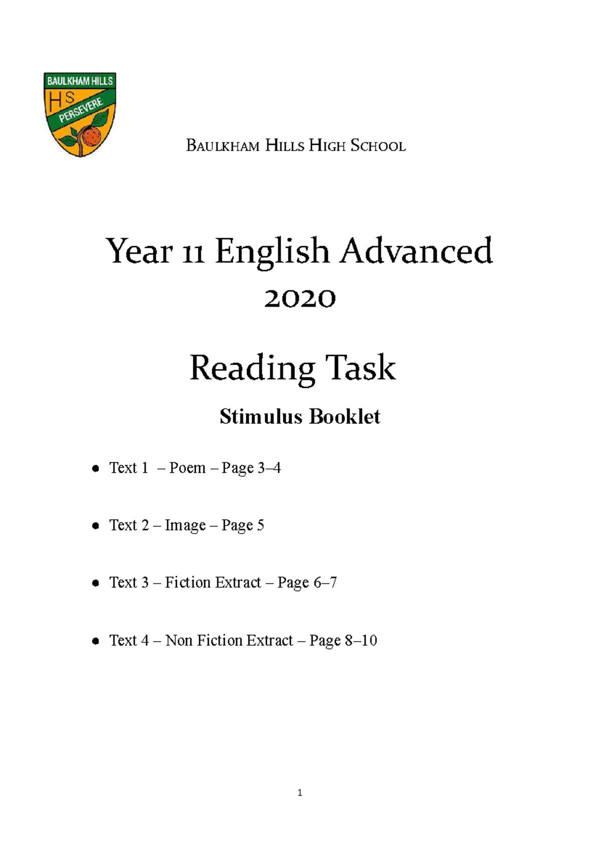 BAULKHAM HILLS HIGH SCHOOL Year 11 English Adv 2020 Reading Task ...