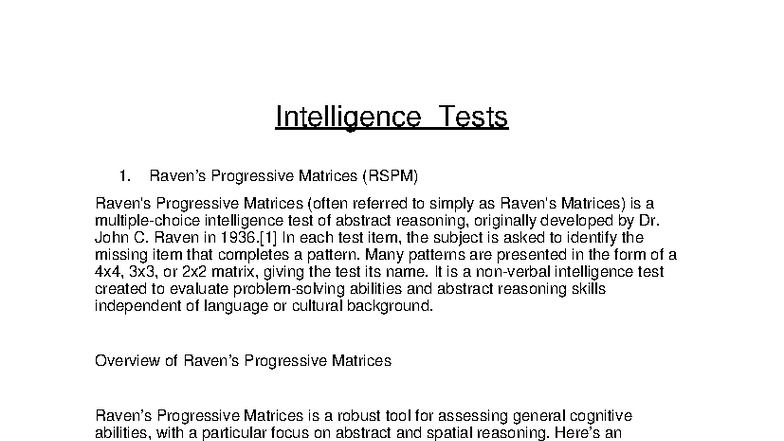Intelligence Tests: Overview of Raven's Progressive Matrices (RPM ...