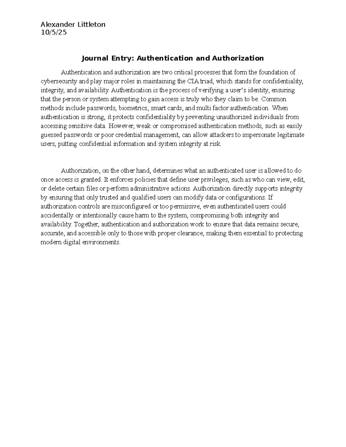 CS 101: Journal Entry on Authentication & Authorization - Studocu