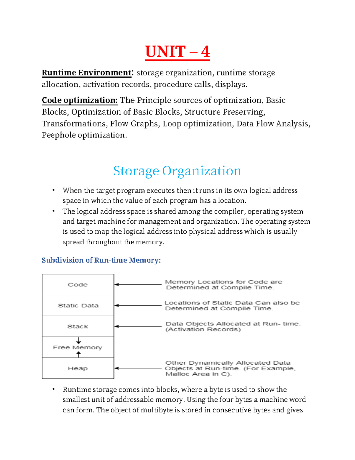 CD-UNIT-4 Runtime Environment & Code Optimization Techniques - Studocu