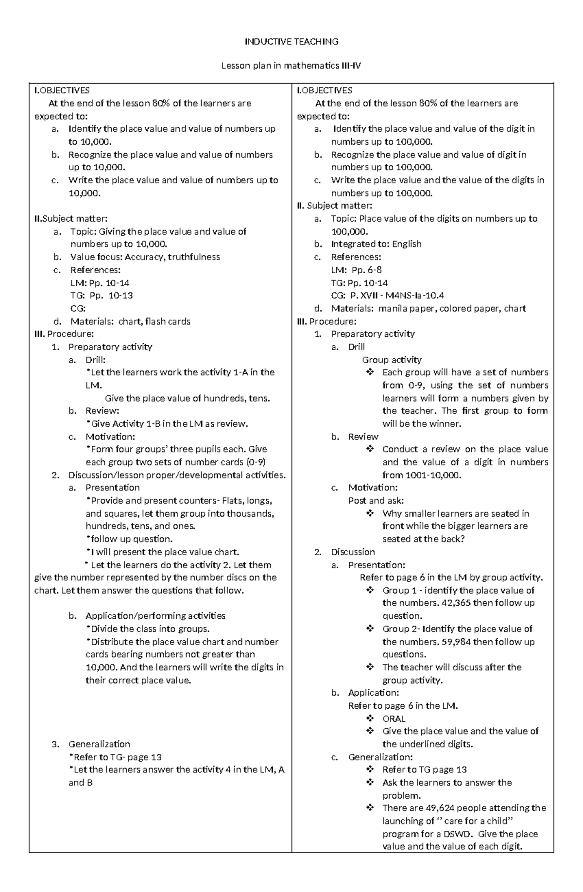 MATH 3-4 - Lesson Plan on Inductive Teaching of Place Value - Studocu