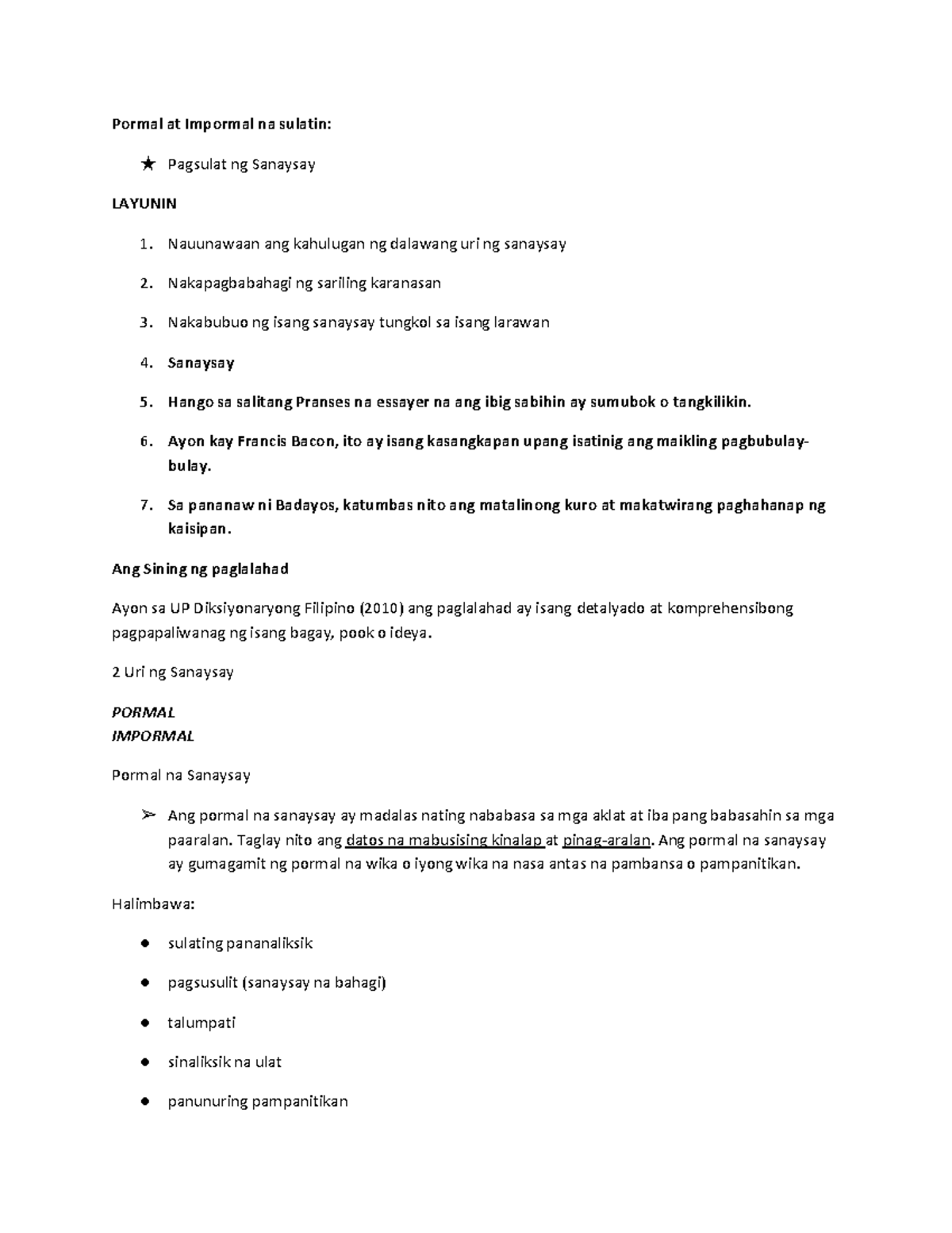 Pagsulat ng Pormal at Impormal na Sanaysay sa Kolehiyo - Studocu