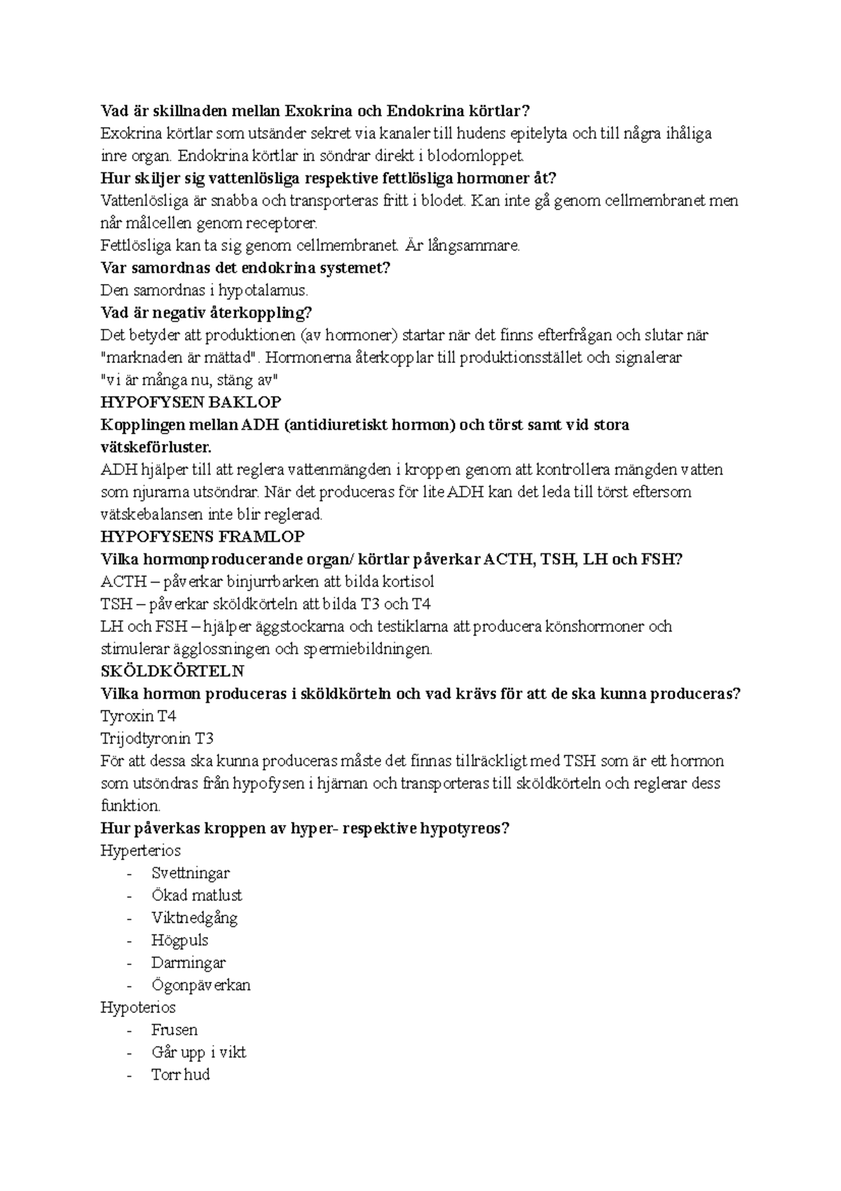 Endokrina systemet: Instuderingsfrågor och Viktiga Hormoner - Studocu