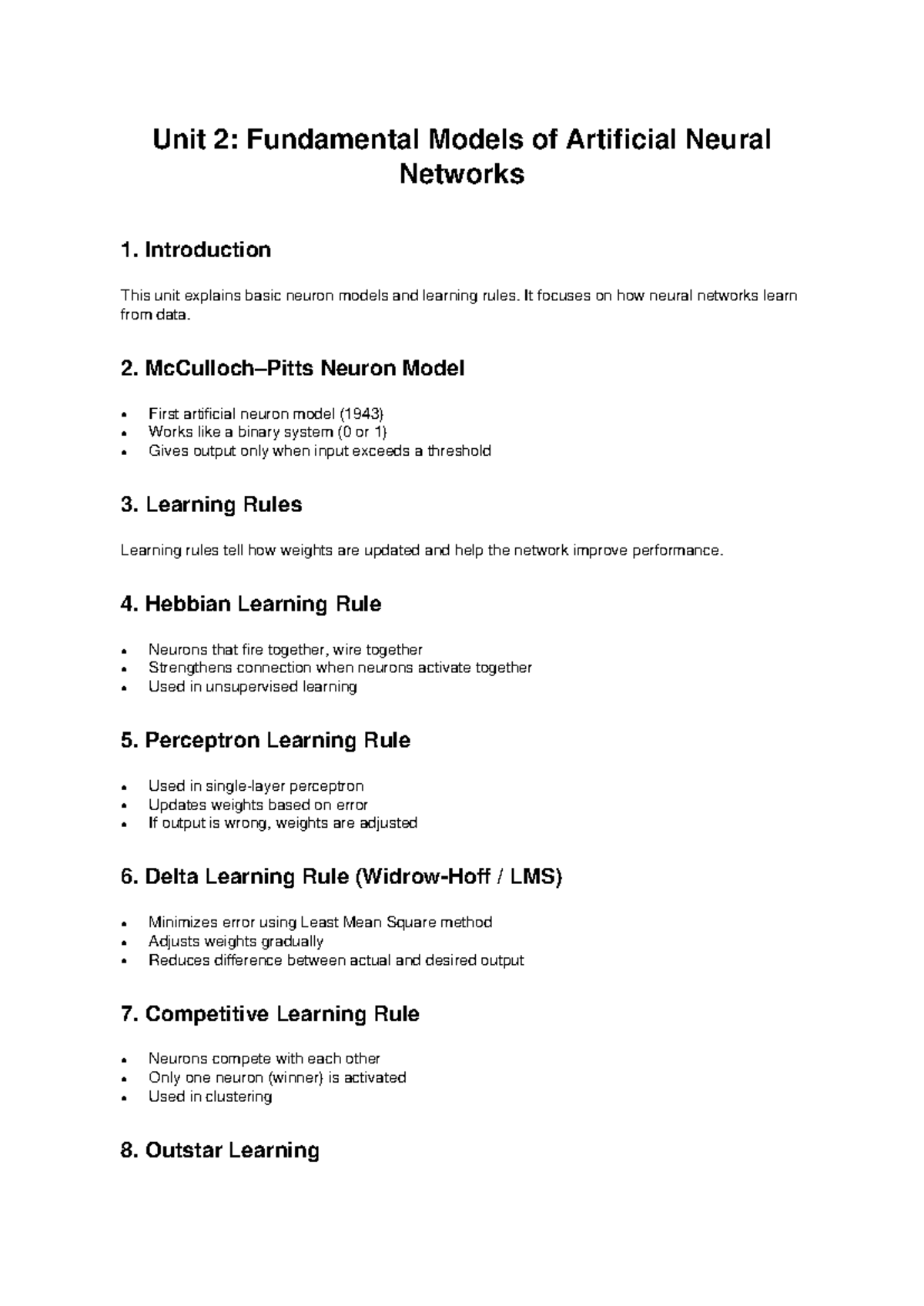 ANN Unit 2: Fundamental Models of Neural Networks Notes - Studocu