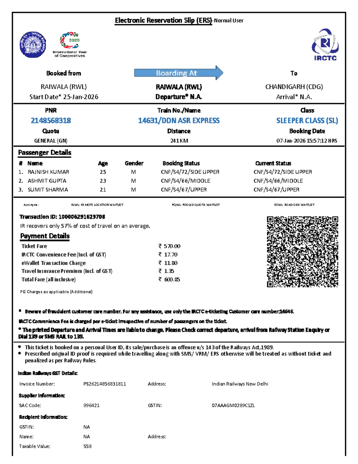 Electronic Reservation Slip Case Study: RWL to CDG (Train 2148568318 ...