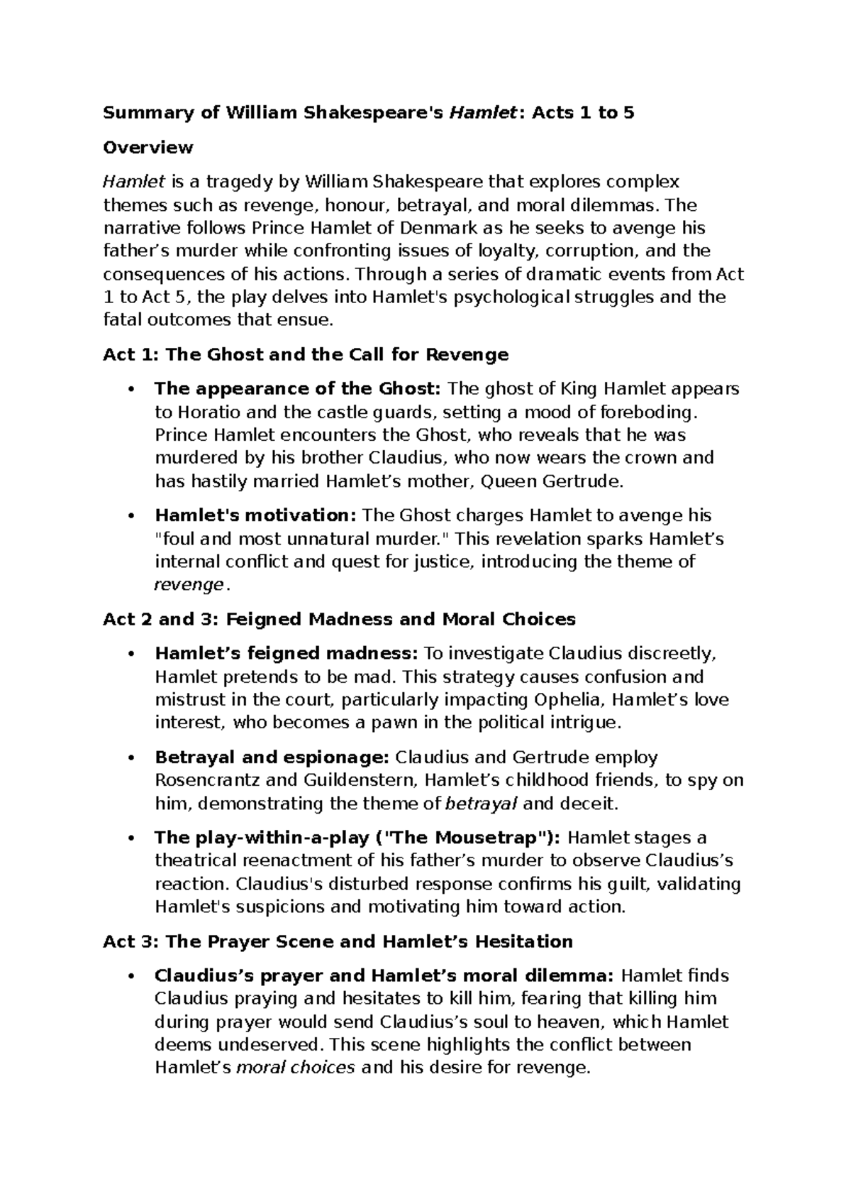 Summary of William Shakespeare's Hamlet: Acts 1-5 Analysis - Studocu