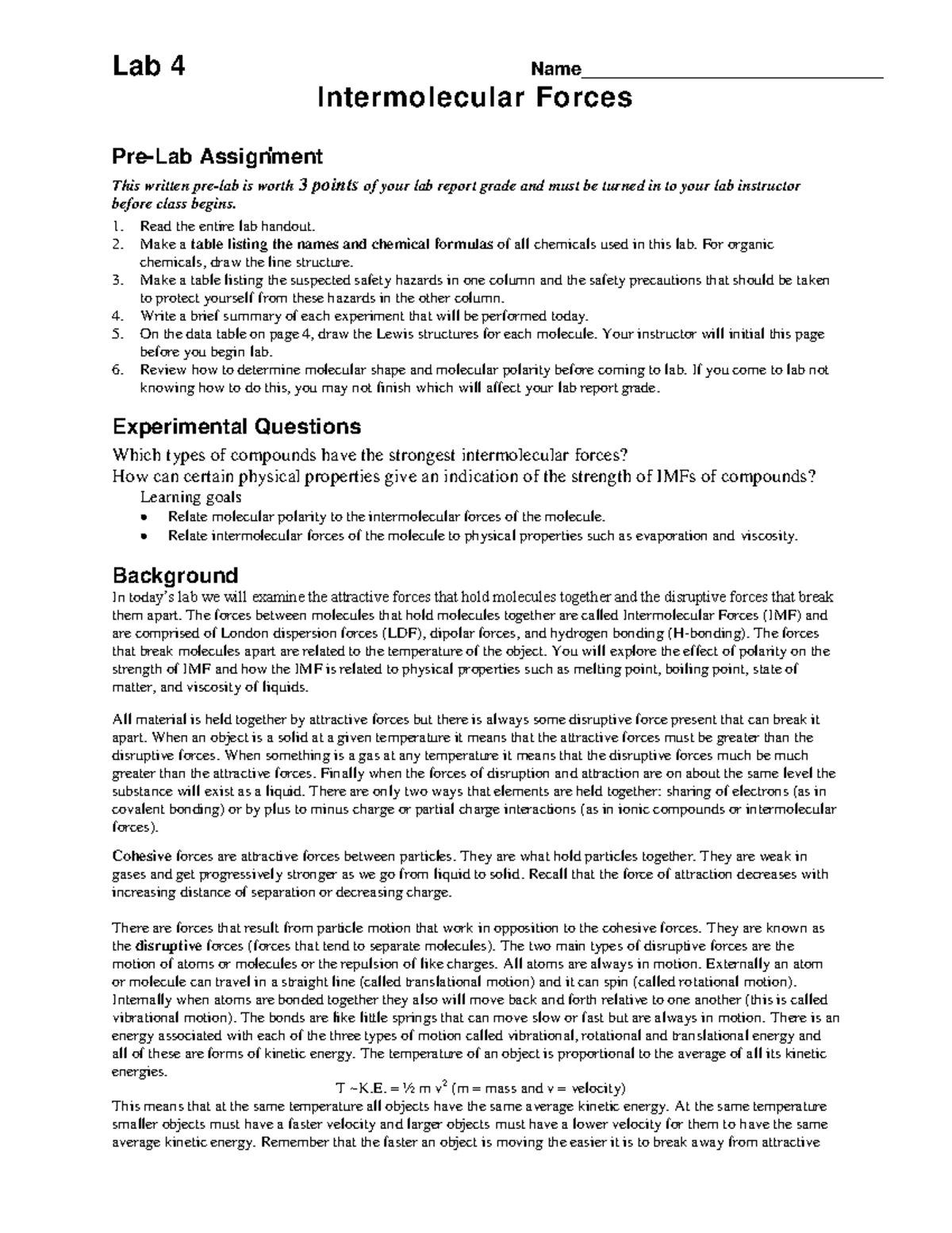 Intermolecular Forces Lab (CHEM 101) - Pre-Lab Instructions & Data ...