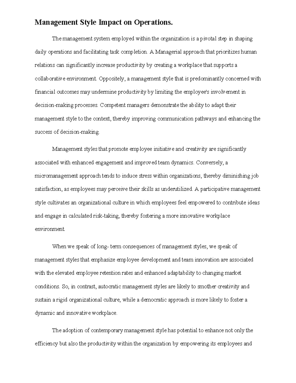 OL215 - 1-2 Short Paper on Management Style Effectiveness - Studocu