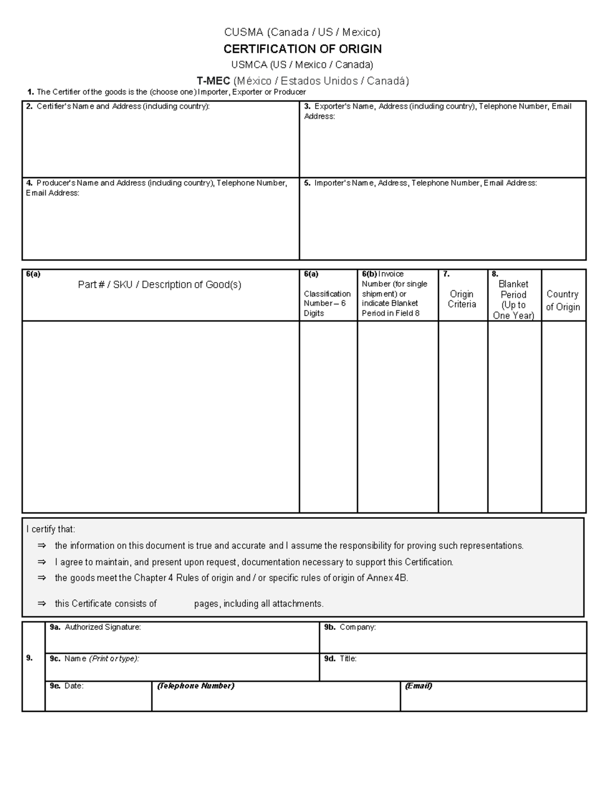 CUSMA - USMCA Certificate of Origin Documentation Guide - Studocu