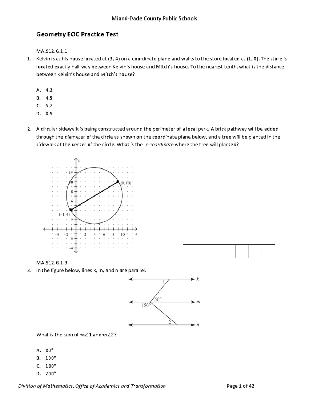 Geometry EOC Practice Test - MA.912.G & MA.912.T Solutions - Studocu