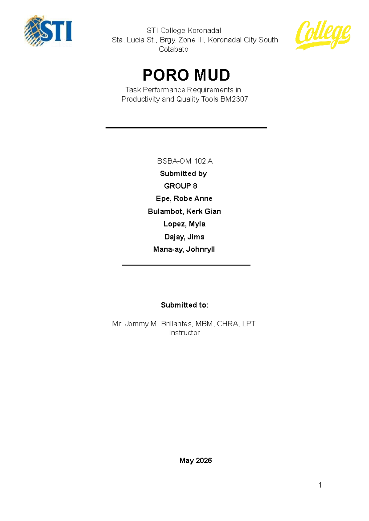 BM2307 102 A Case Study: Poro Mud Co. Quality & Productivity Issues ...
