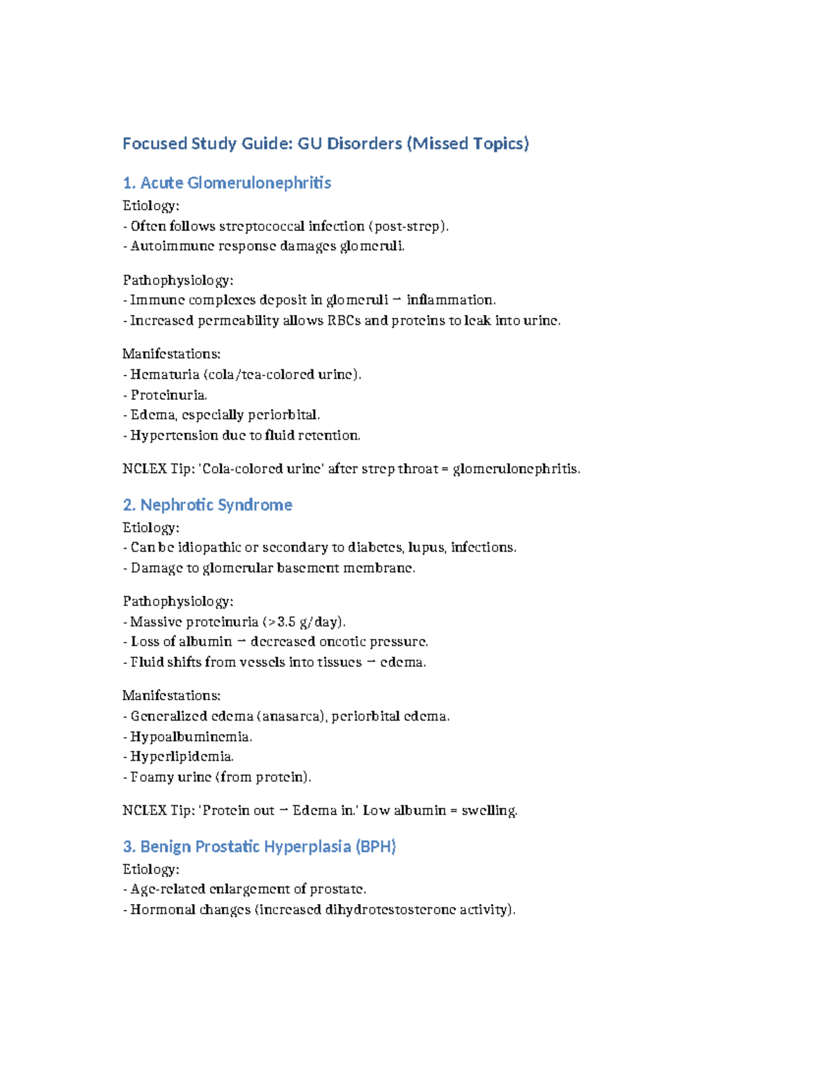 Focused Study Guide: GU Disorders - Key Concepts & NCLEX Tips - Studocu