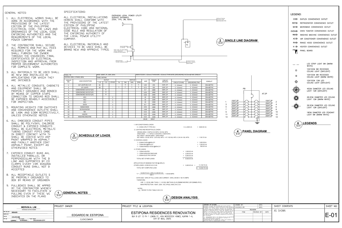 E-01: Electrical Load Calculation & Single Line Diagram for Estipona ...