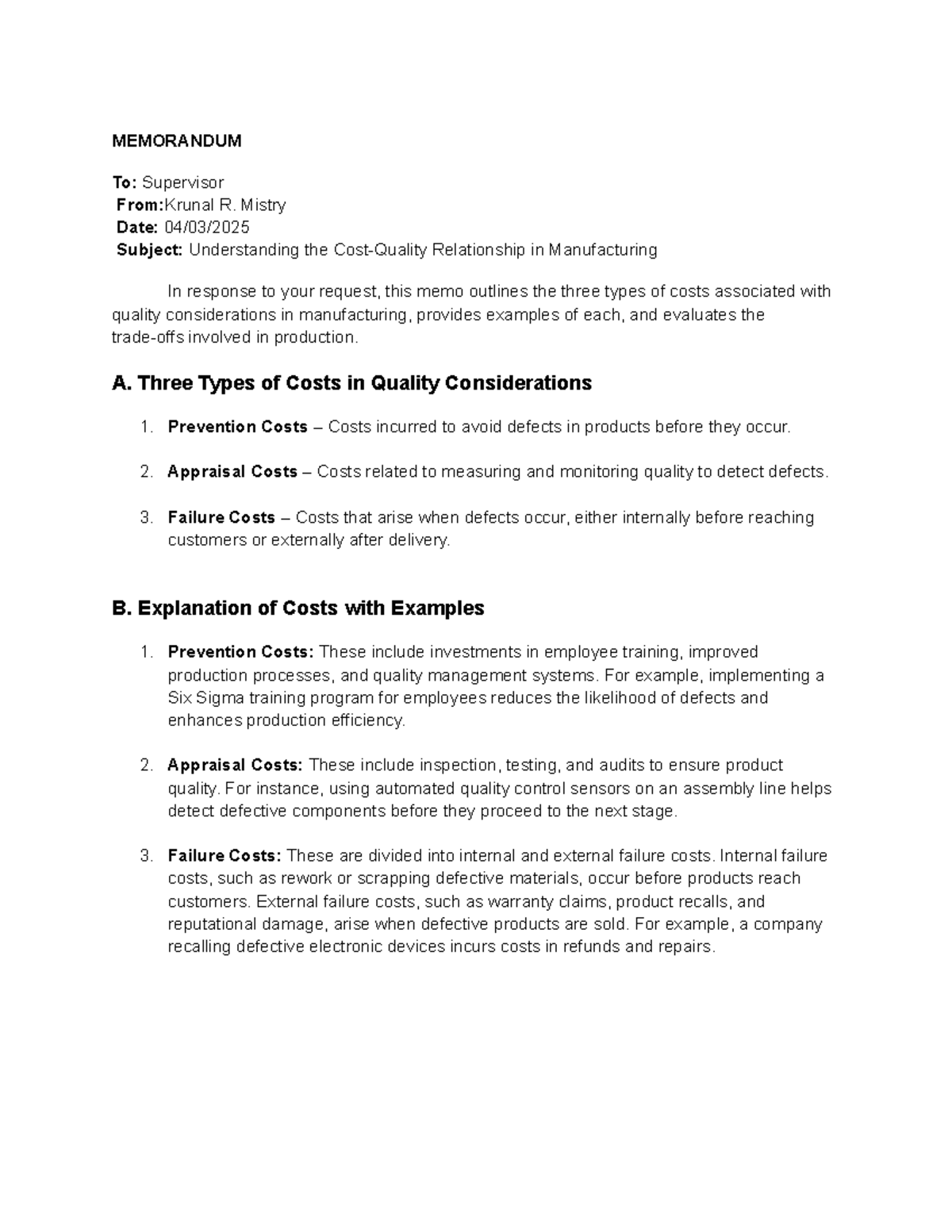 AVM1 Task 1 - Understanding Quality Costs in Manufacturing Memo - Studocu
