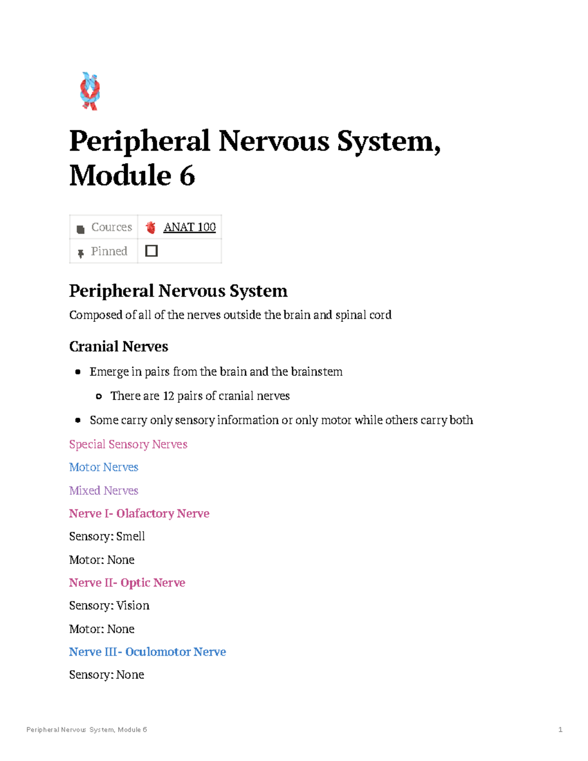 Peripheral Nervous System Overview - ANAT 100 Module 6 Notes - Studocu