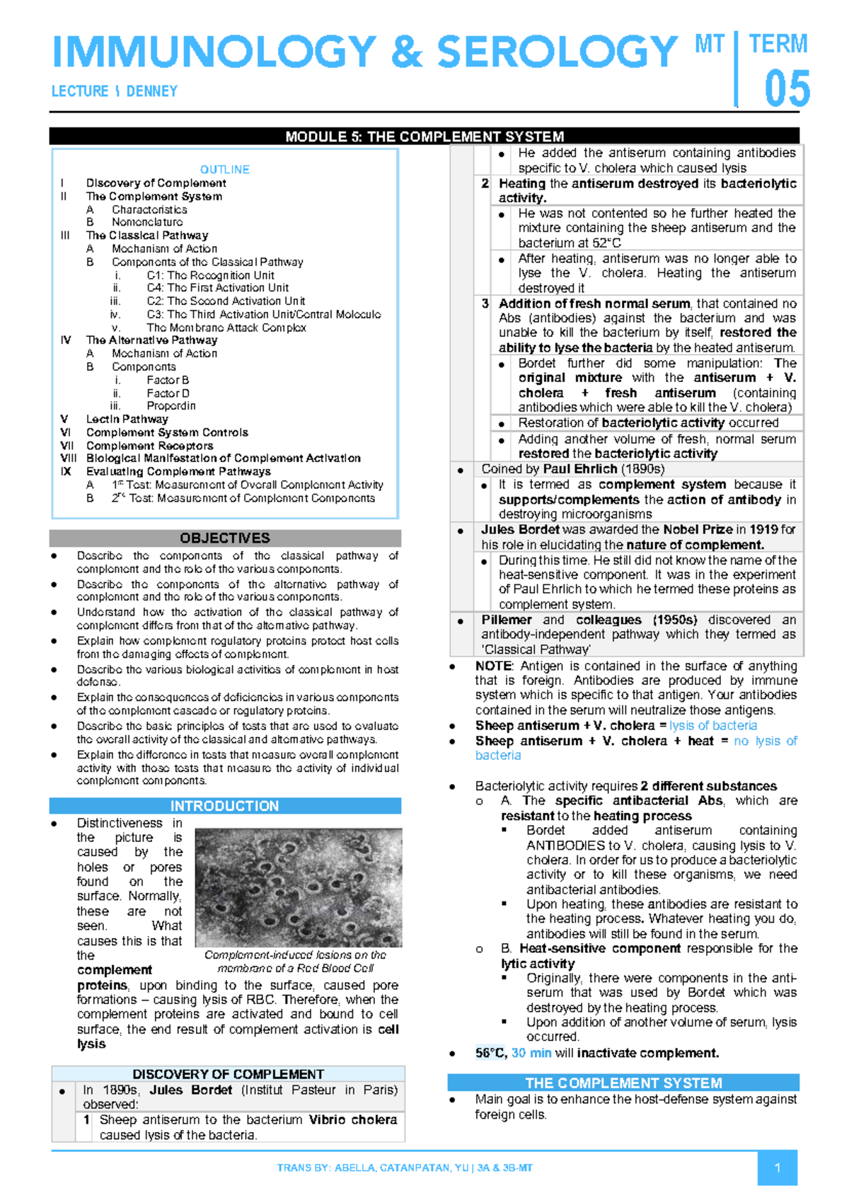 Immunosero MT119 - Lecture 5: The Complement System Overview - Studocu
