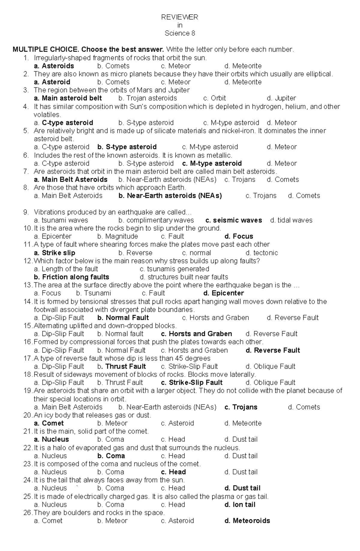 Science 8 Reviewer: Key Concepts and Multiple Choice Questions - Studocu