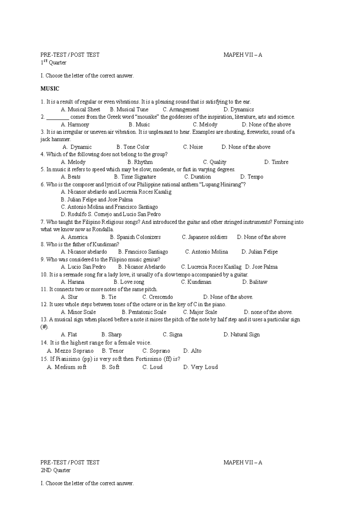 MAPEH VII A Post Test: 1st, 2nd, & 3rd Quarter Exam Questions - Studocu