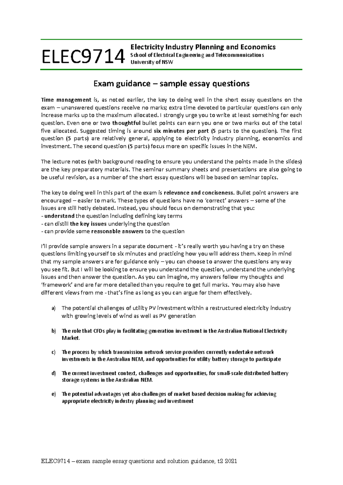 ELEC9714 Exam Guidance: Sample Essay Questions & Tips T2 2021 - Studocu