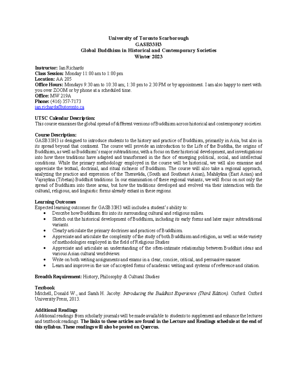 UTSC GASB33H3 Syllabus for Global Buddhism - Winter 2023 - Studocu