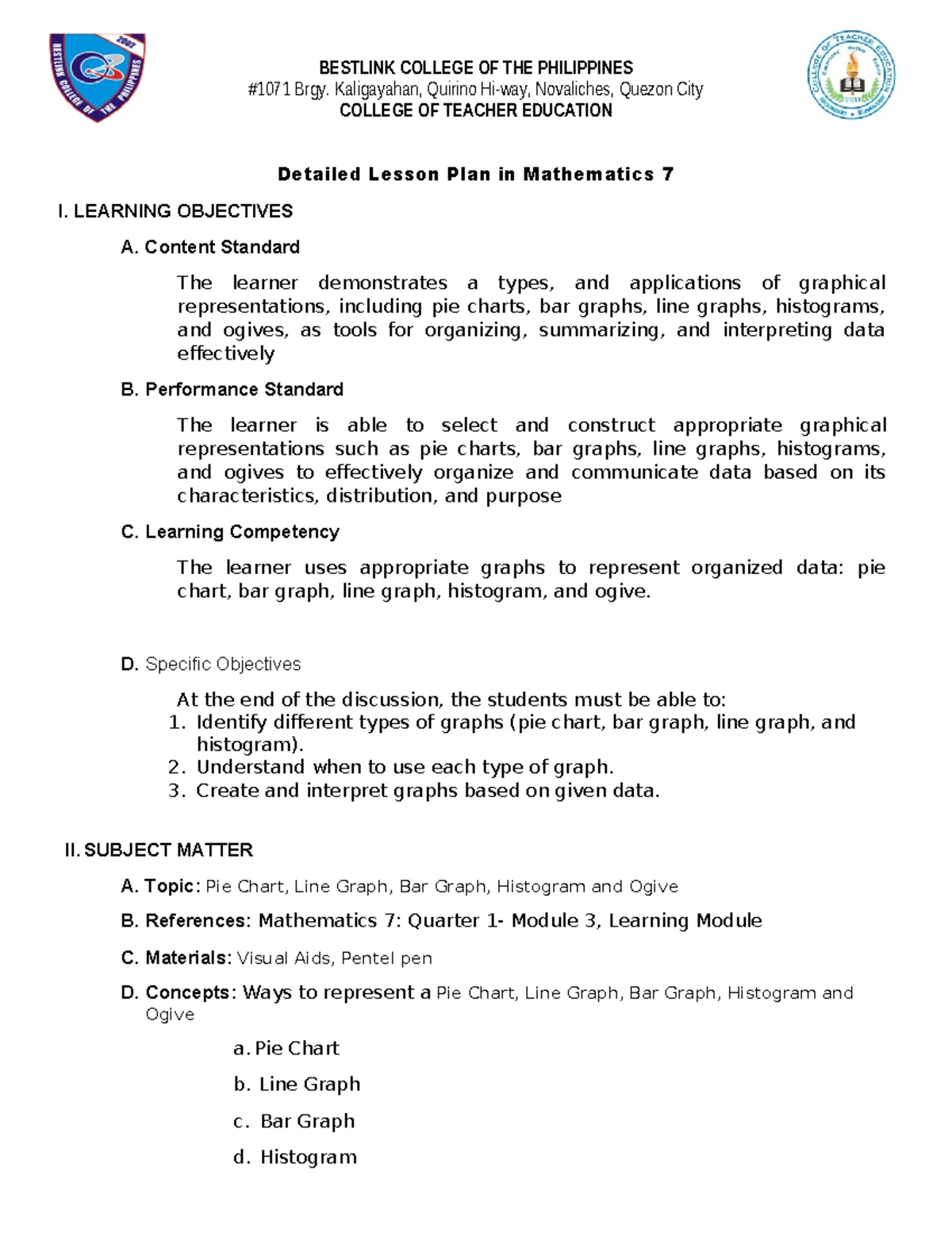 Math 7 Lesson Plan: Graph Representation & Statistical Analysis Final ...
