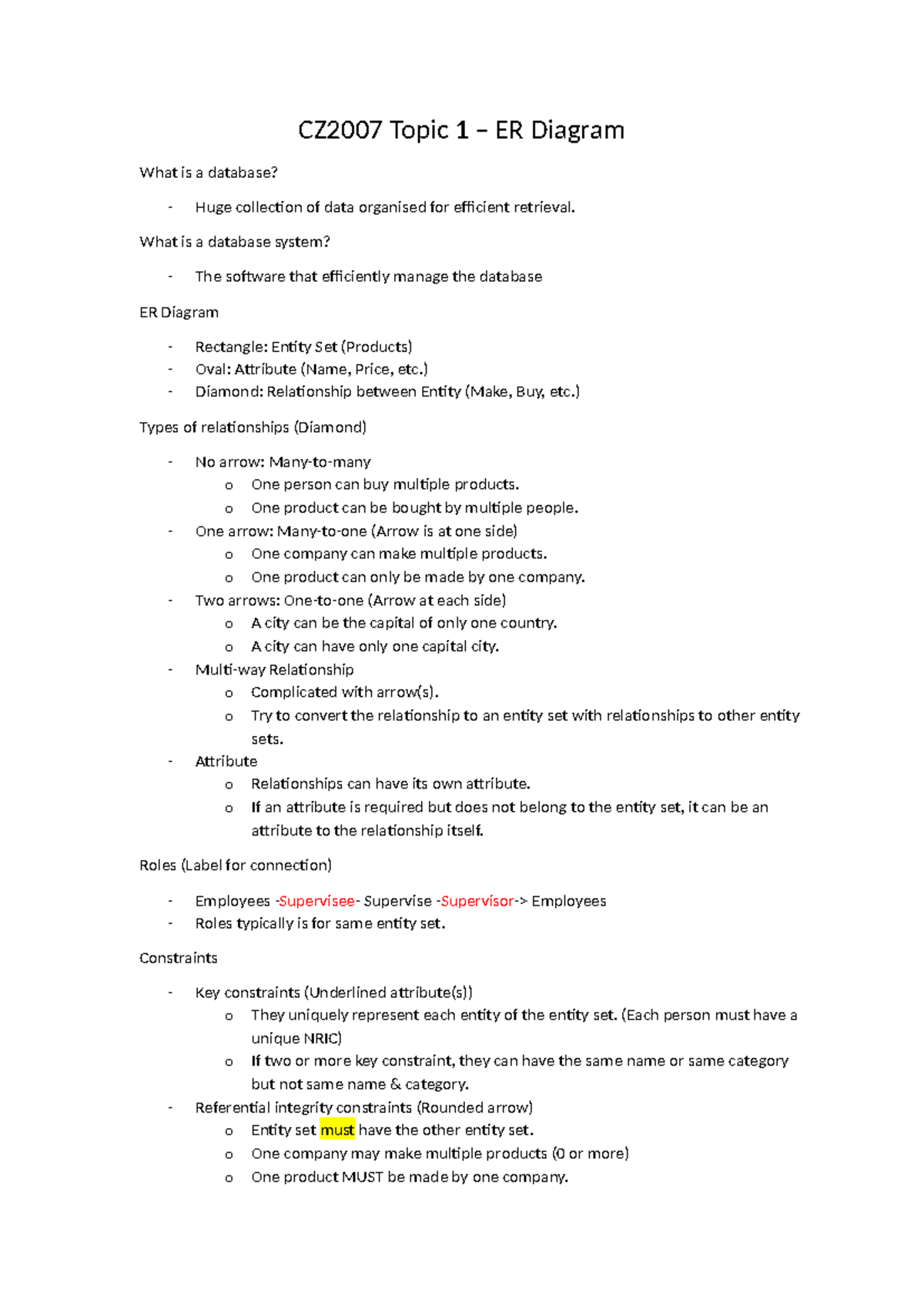 CZ2007 Topic 1: Understanding ER Diagrams and Database Concepts - Studocu