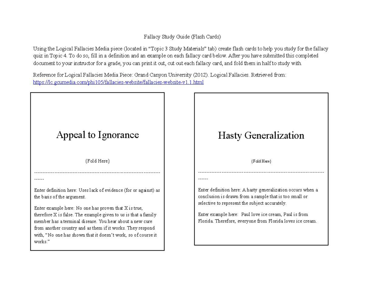 PHI105.T3 Fallacy Study Guide(1)_flash cards - Fallacy Study Guide ...