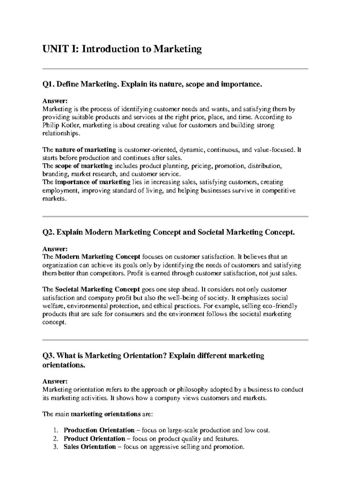 Marketing Management (MKT 101): Key Concepts & Important Questions ...