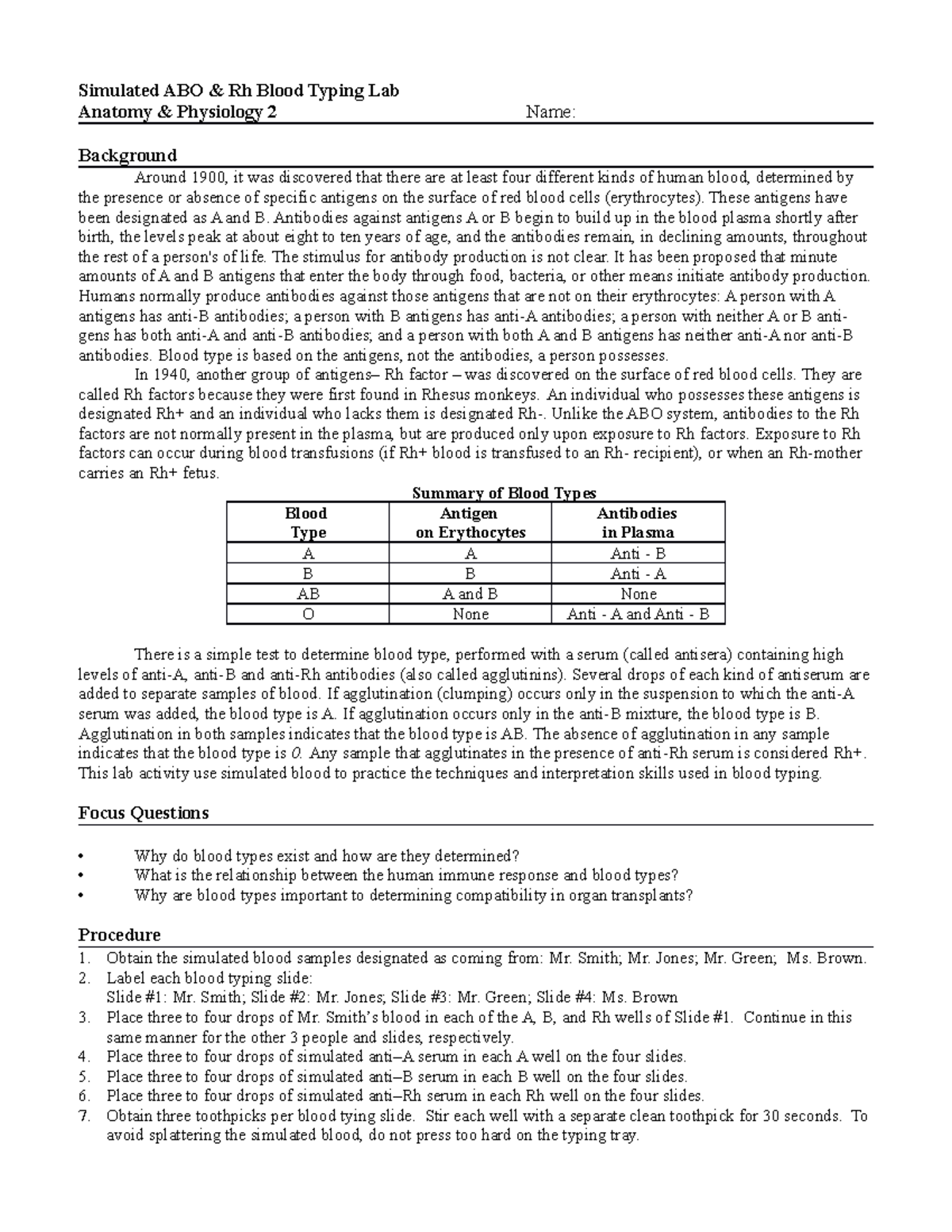 Blood Typing Lab 2 Worksheet B - Simulated ABO & Rh Blood Typing Lab ...