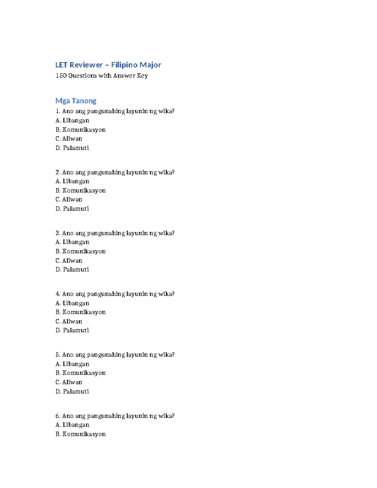 LET Filipino Major Reviewer: 150 Questions with Answer Key - Studocu