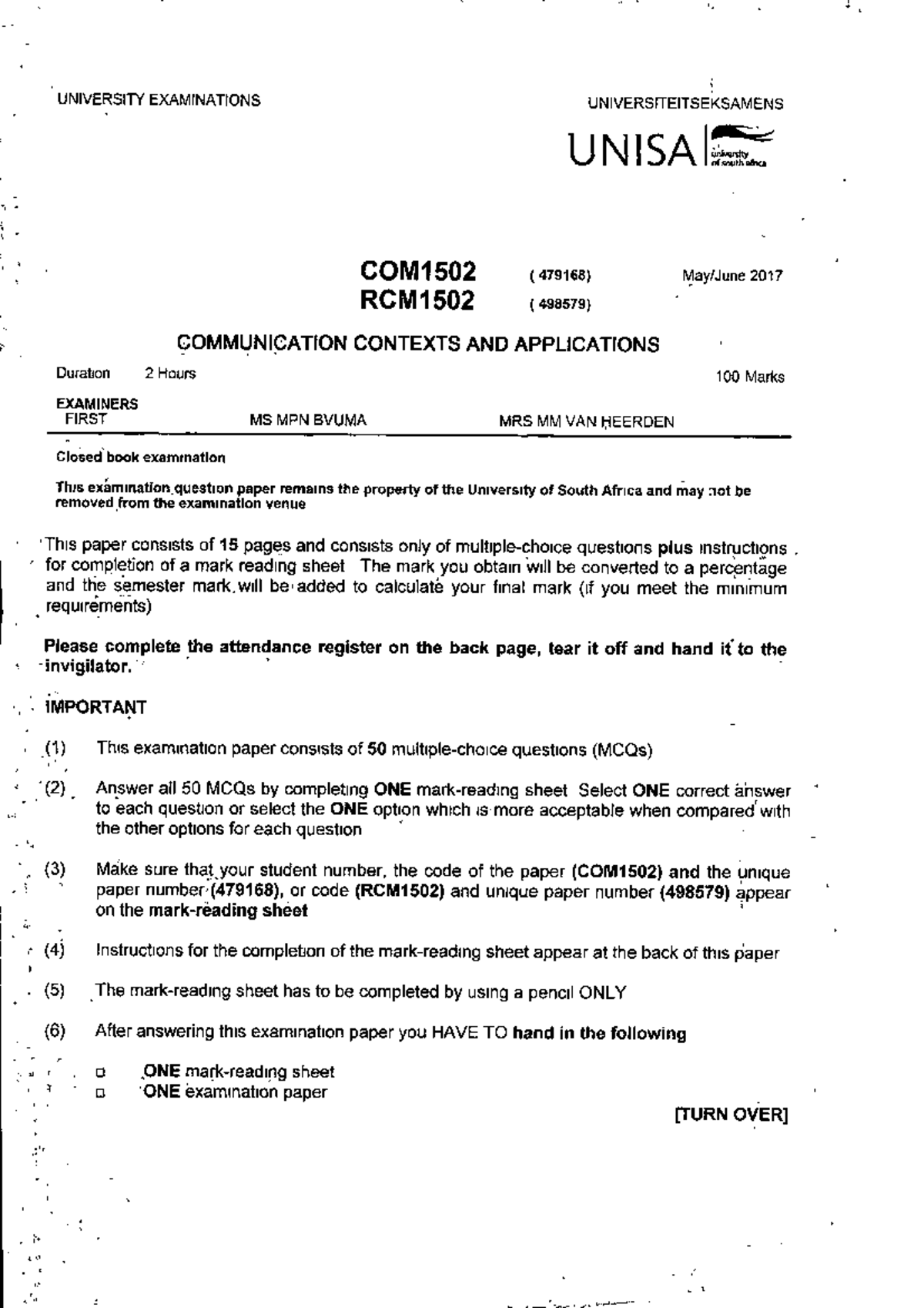 COM1502 2017 6 E 1question paper - COM1501 - Studocu
