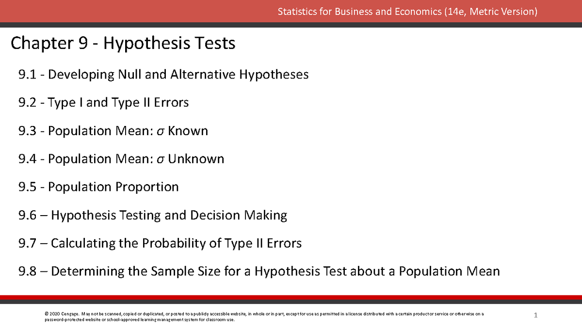 Statistics for Business and Economics (14e) Chapter 9: Hypothesis ...