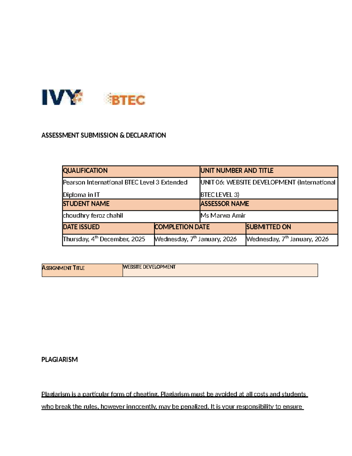 BTEC Level 3 Unit 06: Website Development Assessment Submission - Studocu