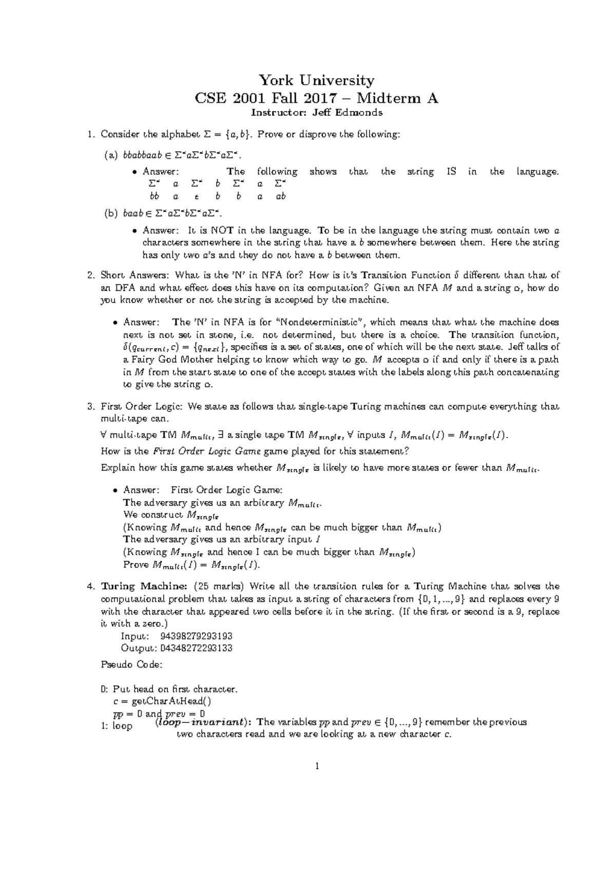 York University CSE 2001 Fall 2017 Midterm Exam 17A Solutions - Studocu