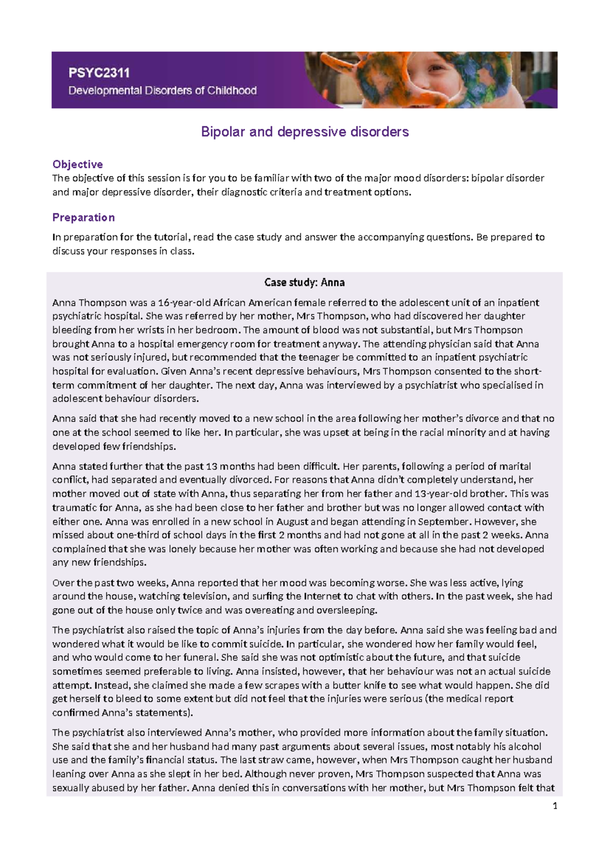 PSYC2311 Tutorial Worksheet: Understanding Bipolar & Depressive ...