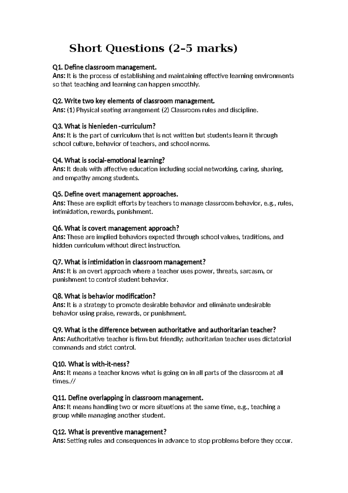 Classroom Management Key Concepts - Short Questions (EDU101) - Studocu